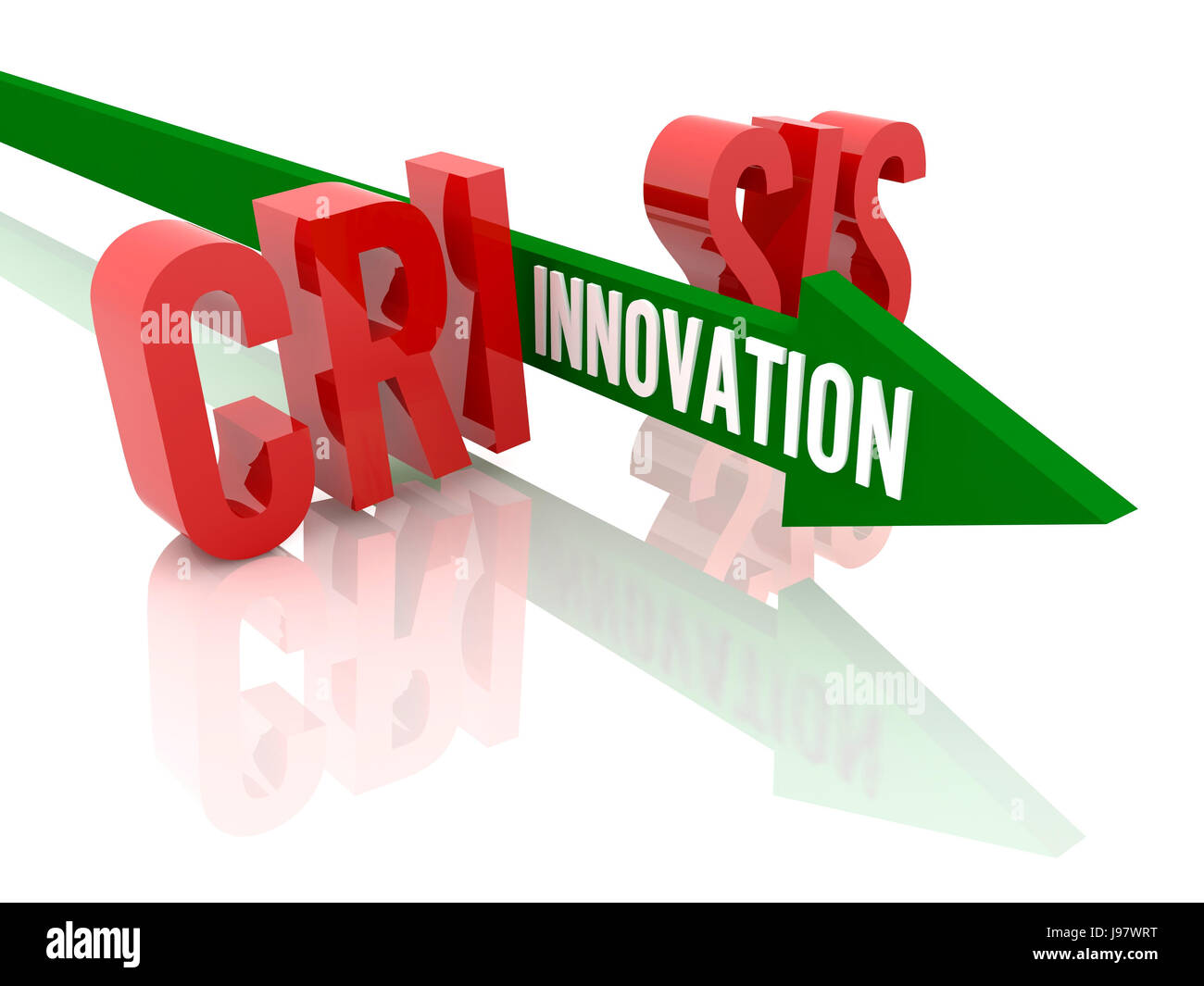 Arrow with word Innovation breaks word Crisis. Concept 3D illustration ...
