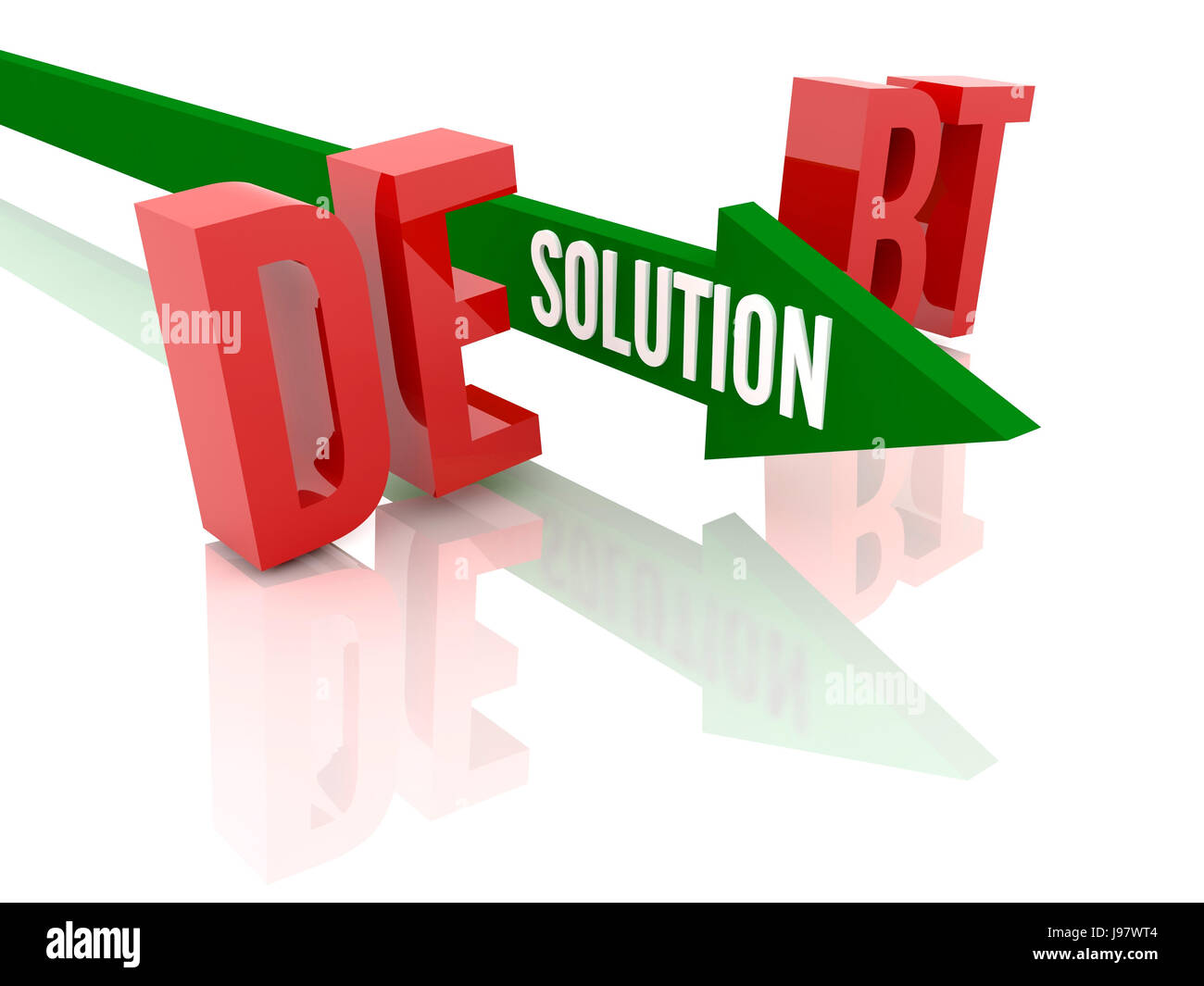 Arrow with word Solution breaks word Debt. Concept 3D illustration ...