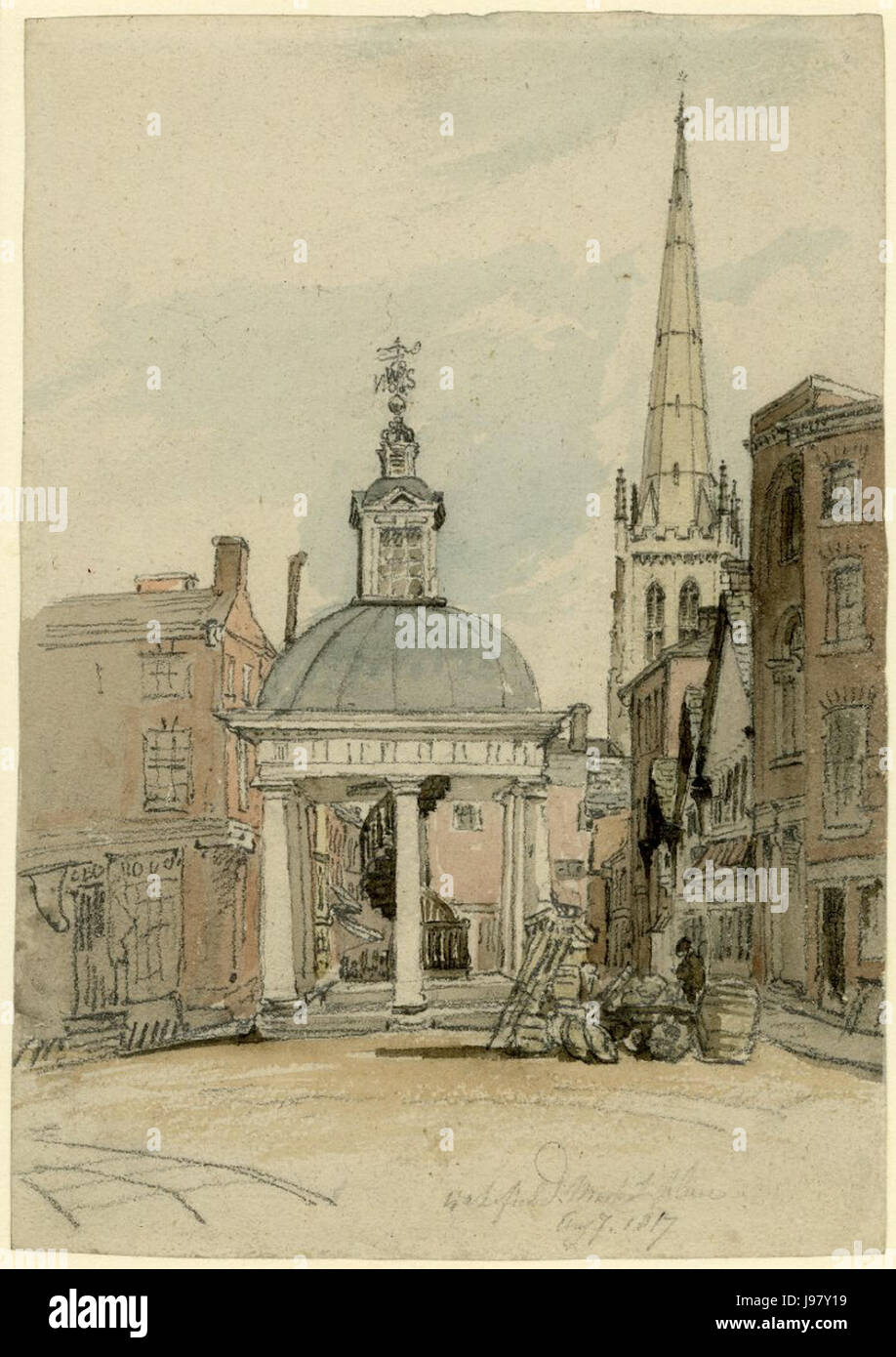 The painting 'Wakefield Market Place' by George Arnald depicts a scene ...