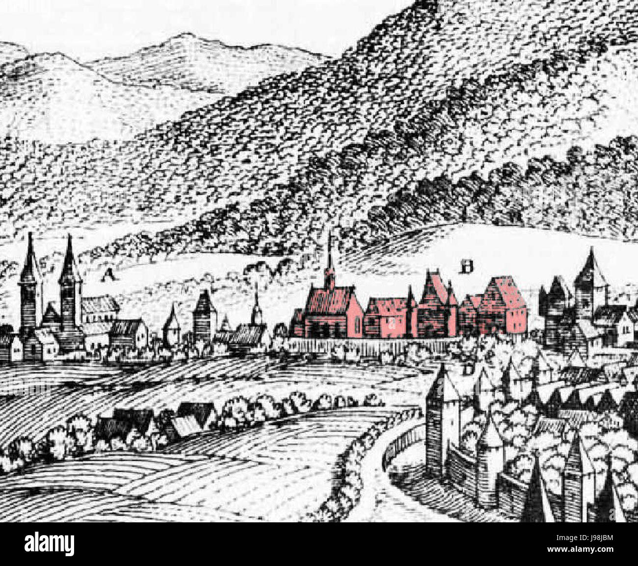 St. Paulin und zentral St. Maximin (Stich von Merian) mit Stadtmauer ...