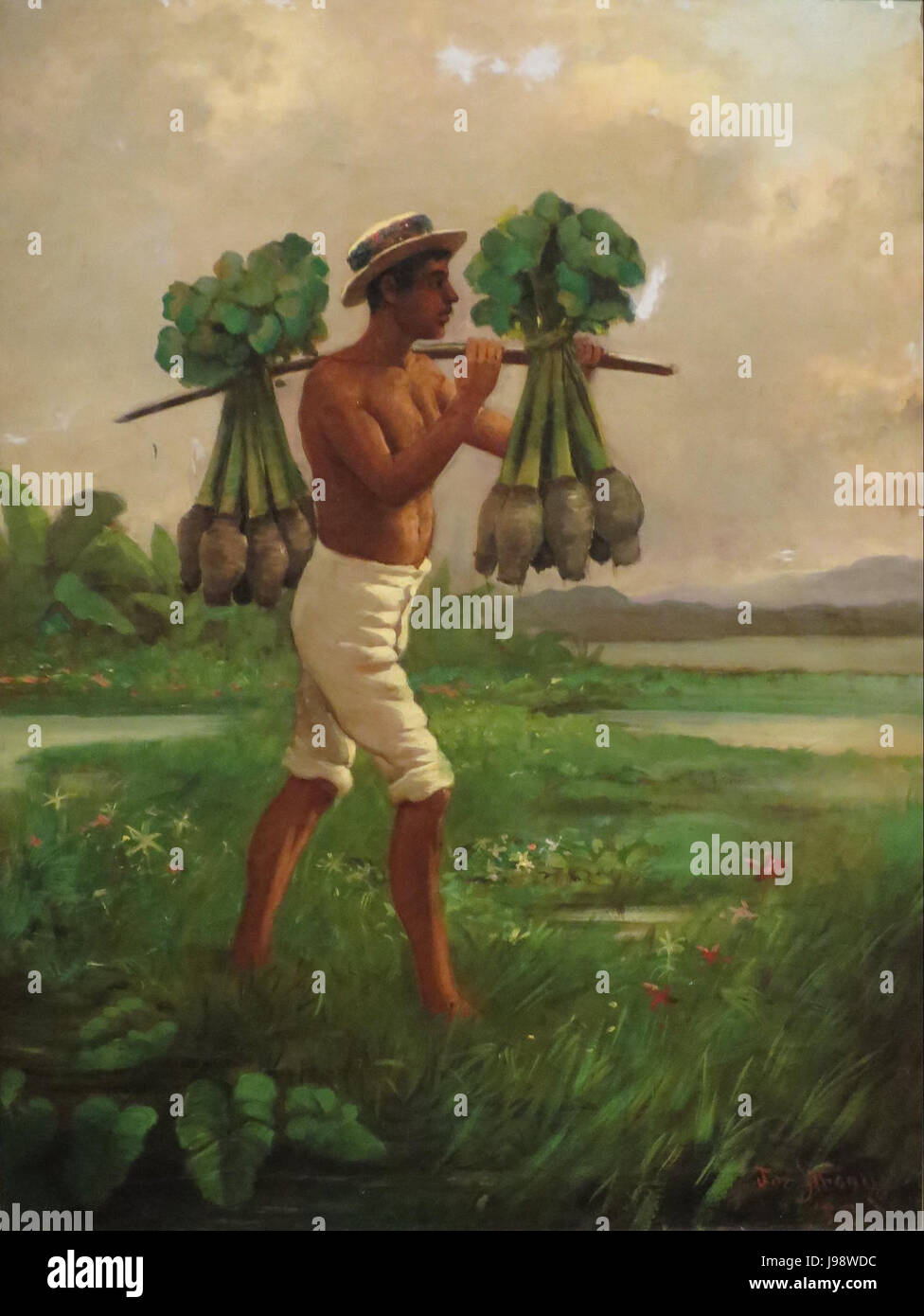 Man with a Yoke Carrying Taro by Joseph Strong, oil on canvas board ...