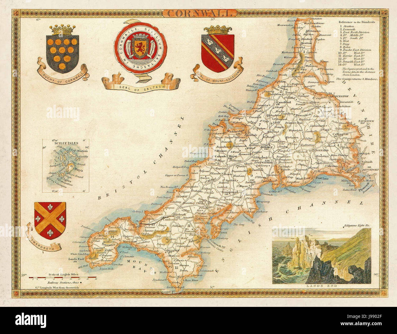 Thomas Moule Historical Map of Cornwall 1850 001 Stock Photo - Alamy