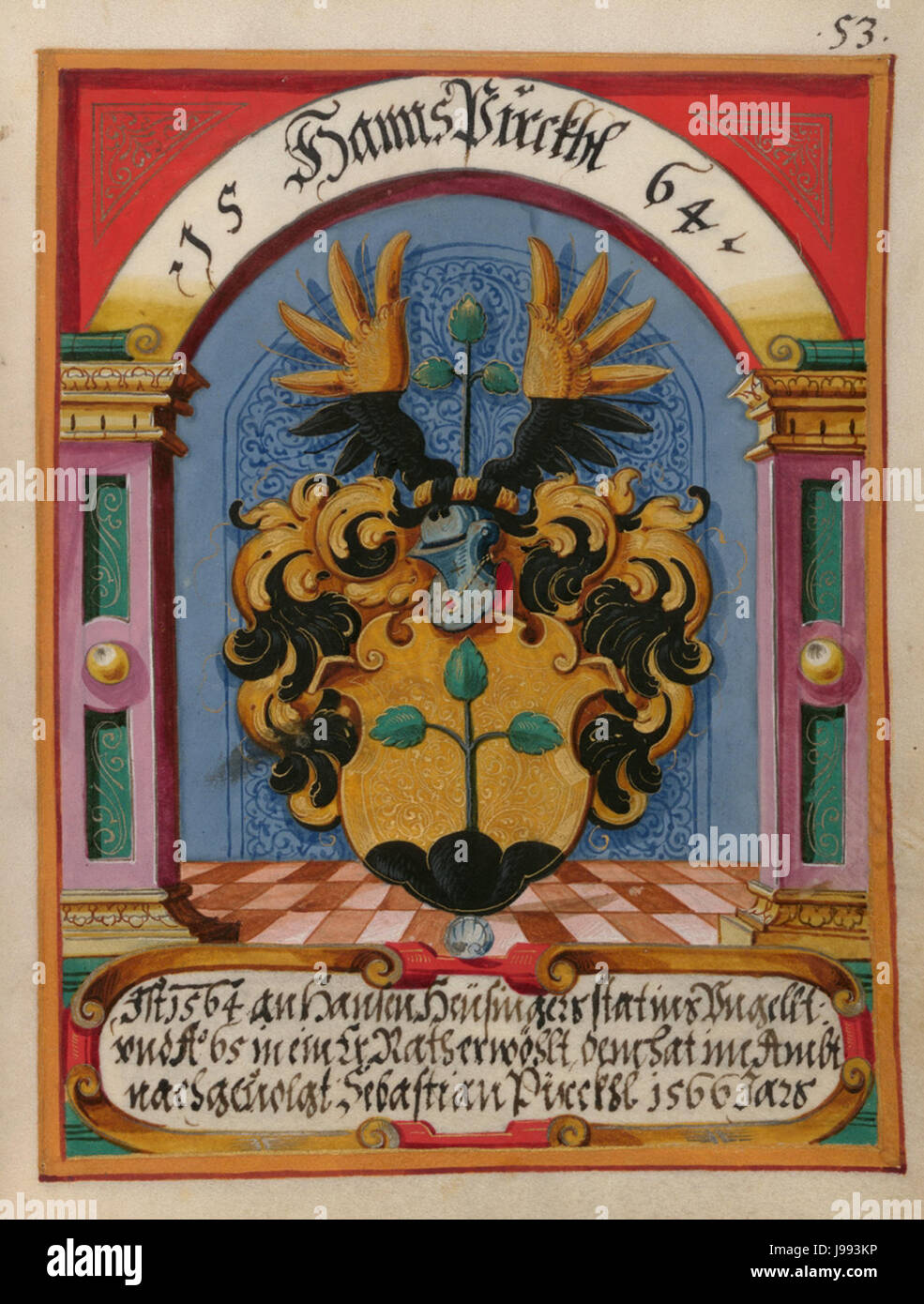 A heraldic book from Regensburg, featuring page 053r with coats of arms ...