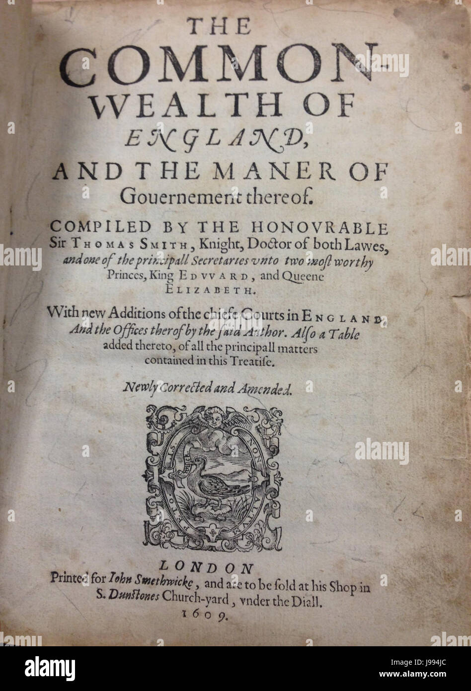 Thomas Smith, The Common wealth of England (1609, title page Stock ...