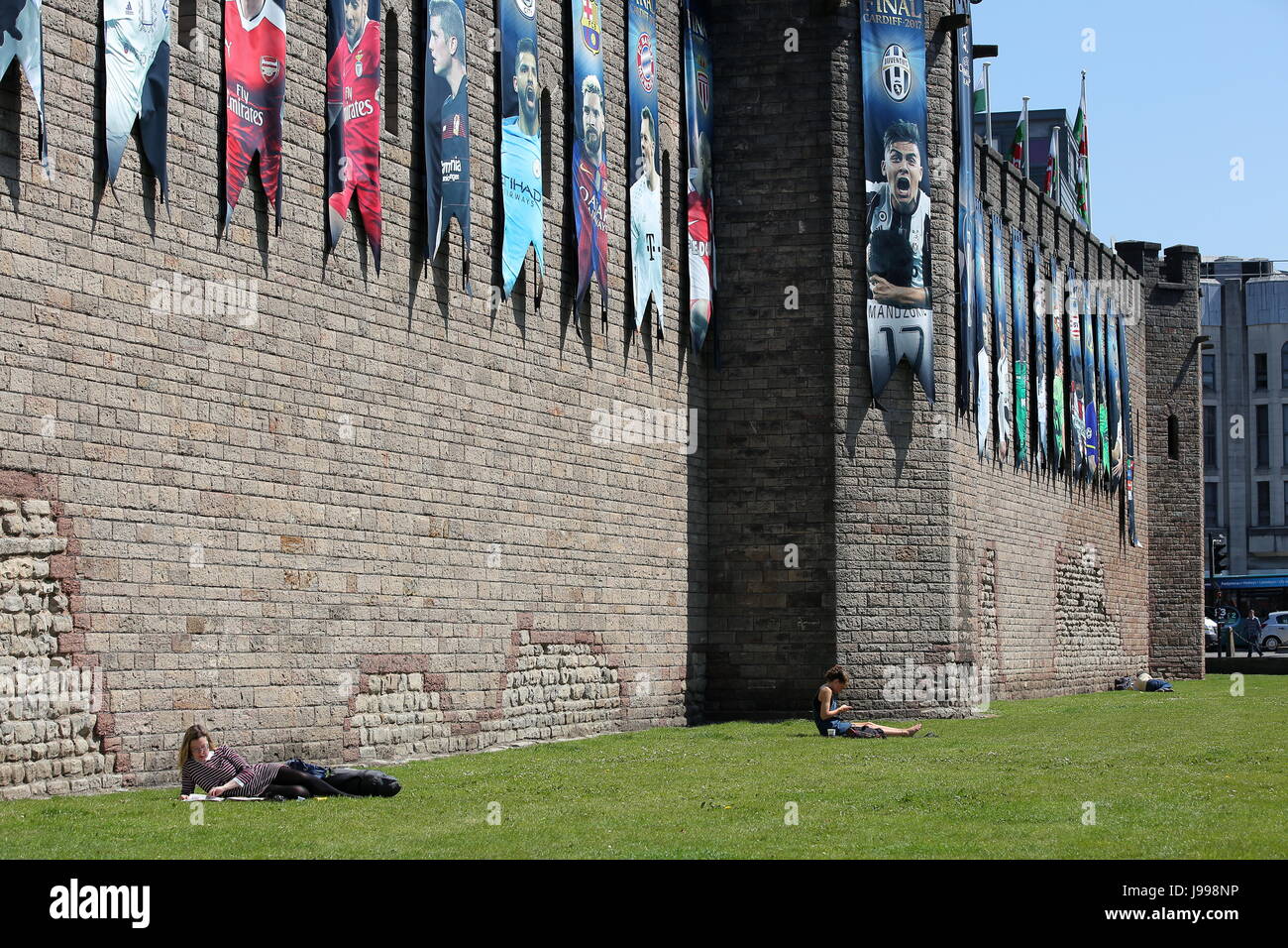 A series of UEFA banners draped outside Cardiff Castle Stock Photo - Alamy