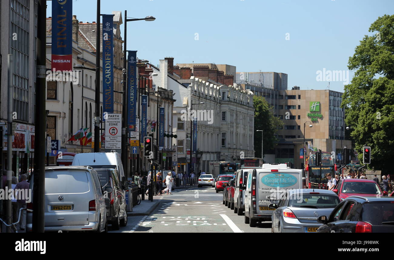 Banners in Duke Street, Cardiff Stock Photo - Alamy