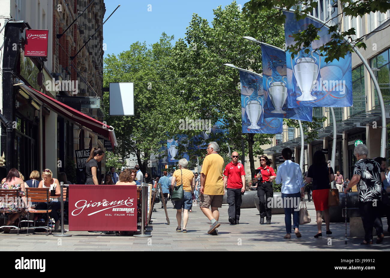 Banners in The Hayes, Cardiff Stock Photo - Alamy