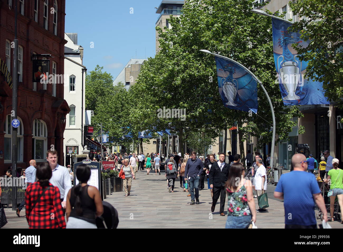 Banners in The Hayes, Cardiff Stock Photo - Alamy