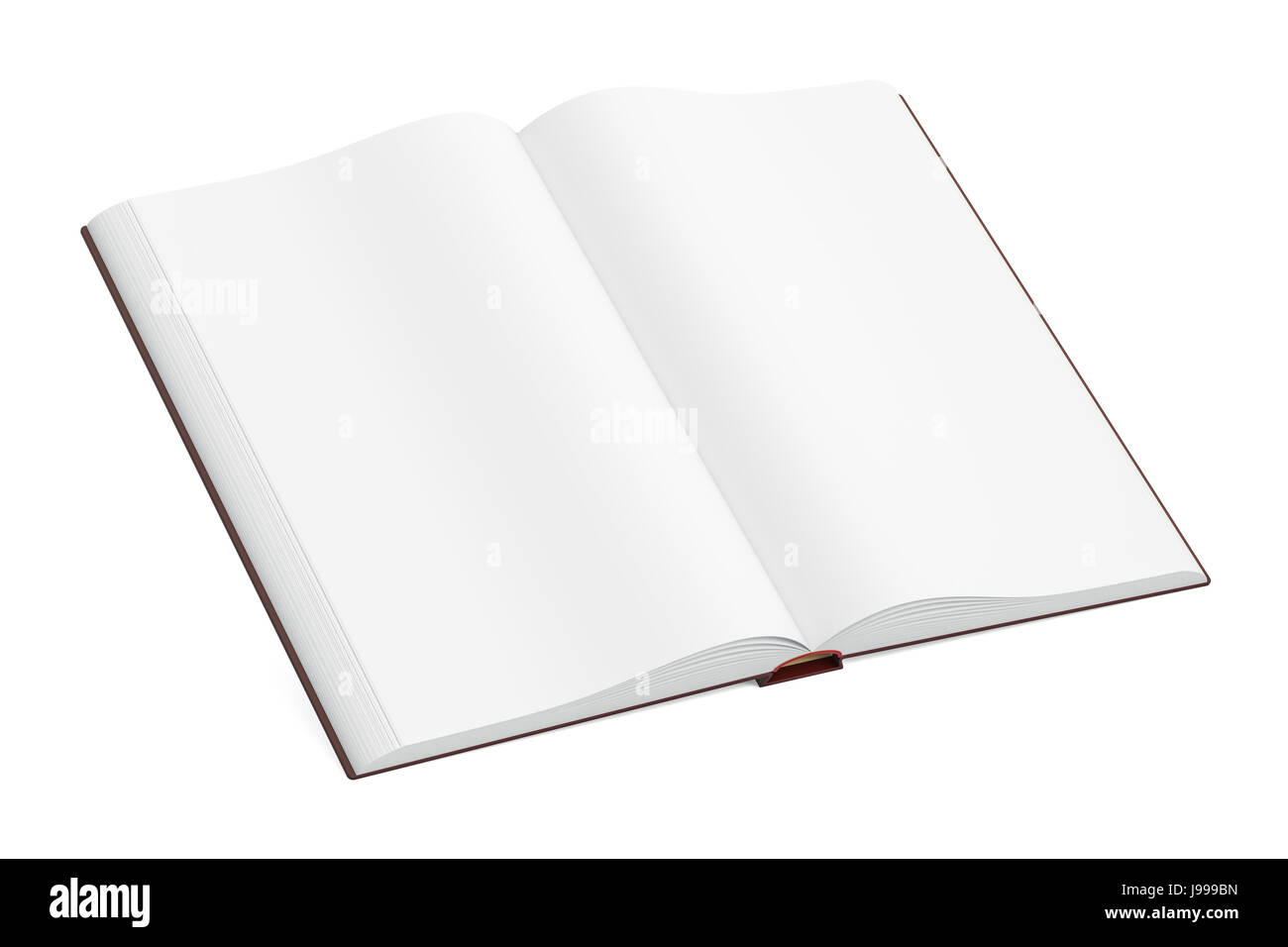 Opened blank book closeup, 3D rendering isolated on white background ...