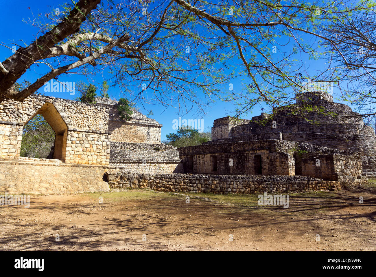 View of the entrance to the ancient Mayan ruins of Ek Balam near ...
