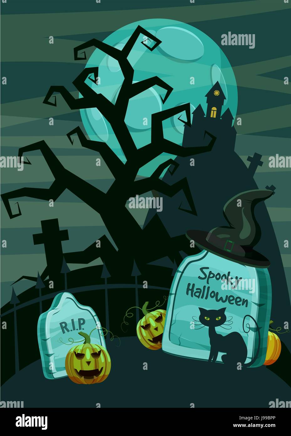 Halloween spooky cemetery concept, cartoon style Stock Vector Image ...