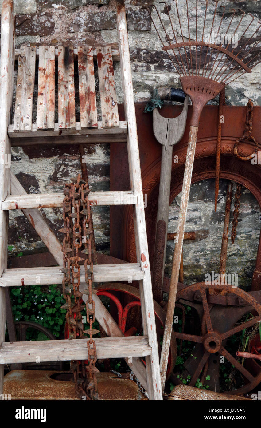 Rusty tools and hardware at a reclamation yard in mid Wales Stock Photo ...