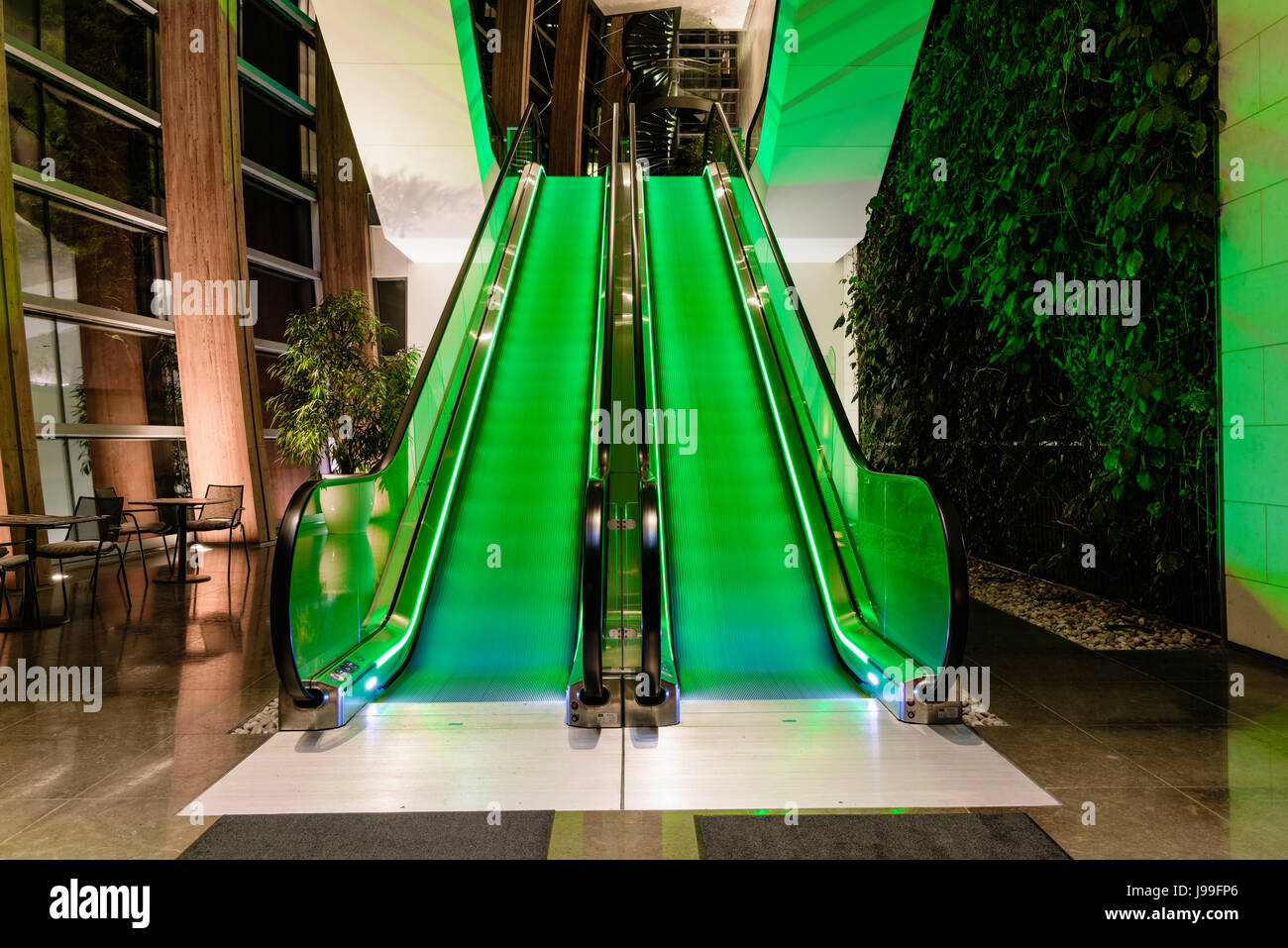 Escalators illuminated with green light at night in a hotel lobby Stock ...