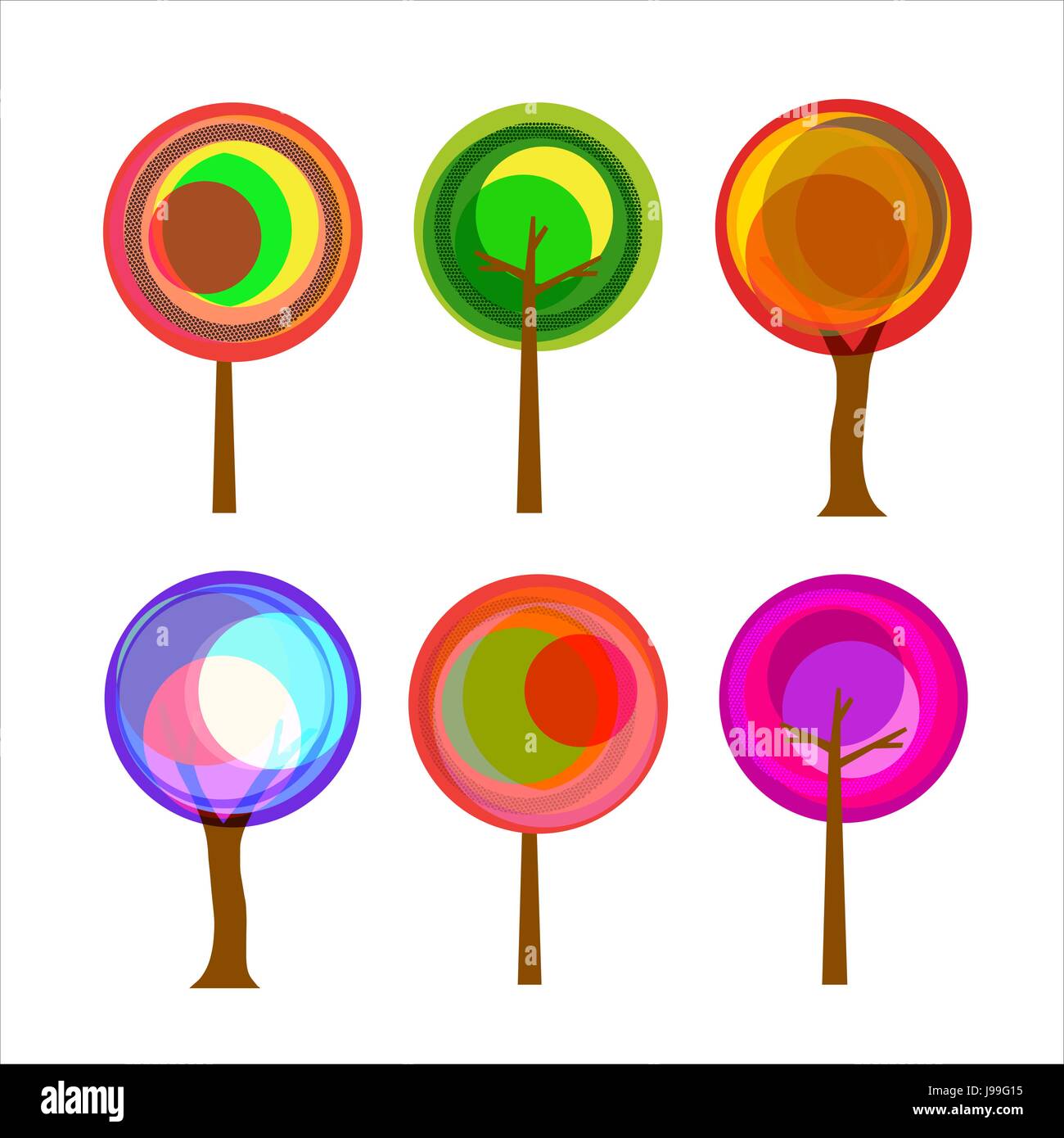 Set of colorful simple geometric trees with abstract foliage art in ...