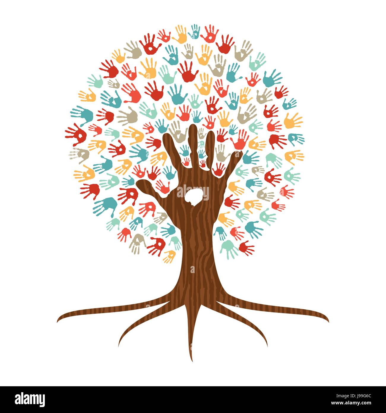 Human handprint multicolor tree with hands of colorful ethnic group ...