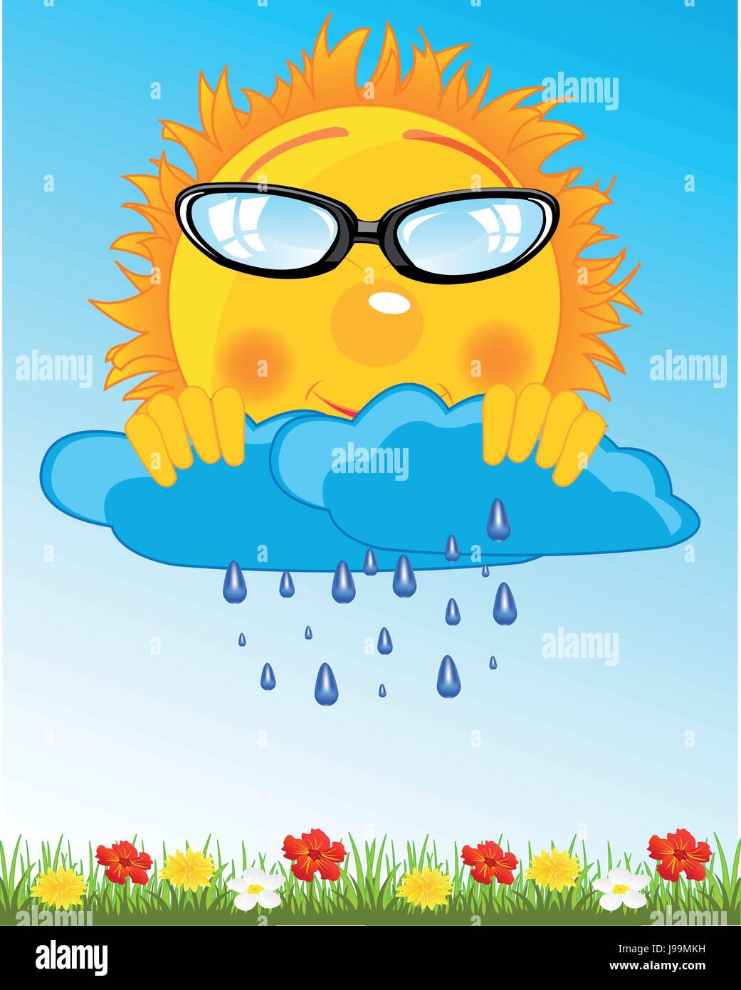 Cartoon sun and clouds with rain on sky Stock Vector Image & Art - Alamy