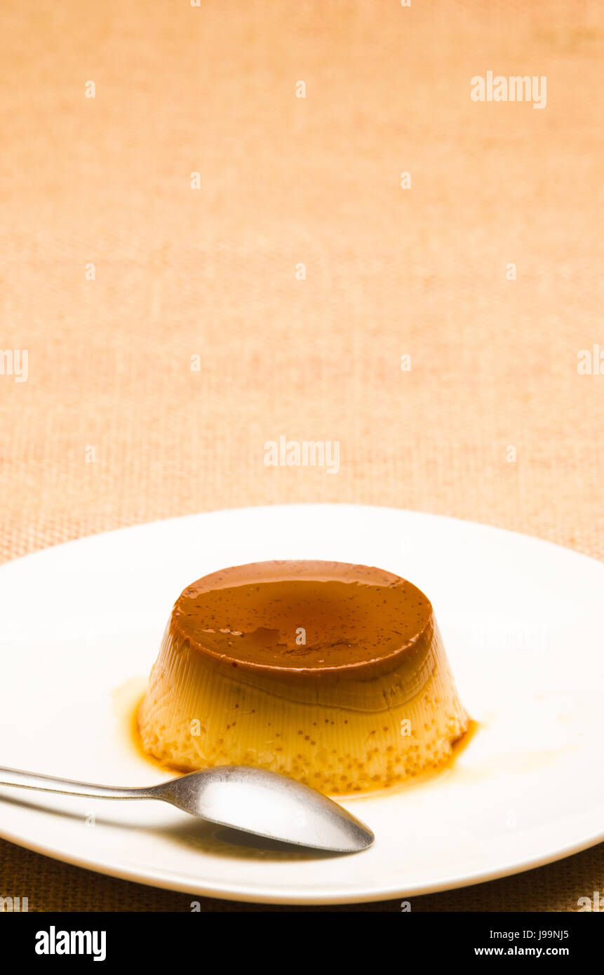 Egg pudding with delicious liquid caramel. Copy space text Stock Photo ...