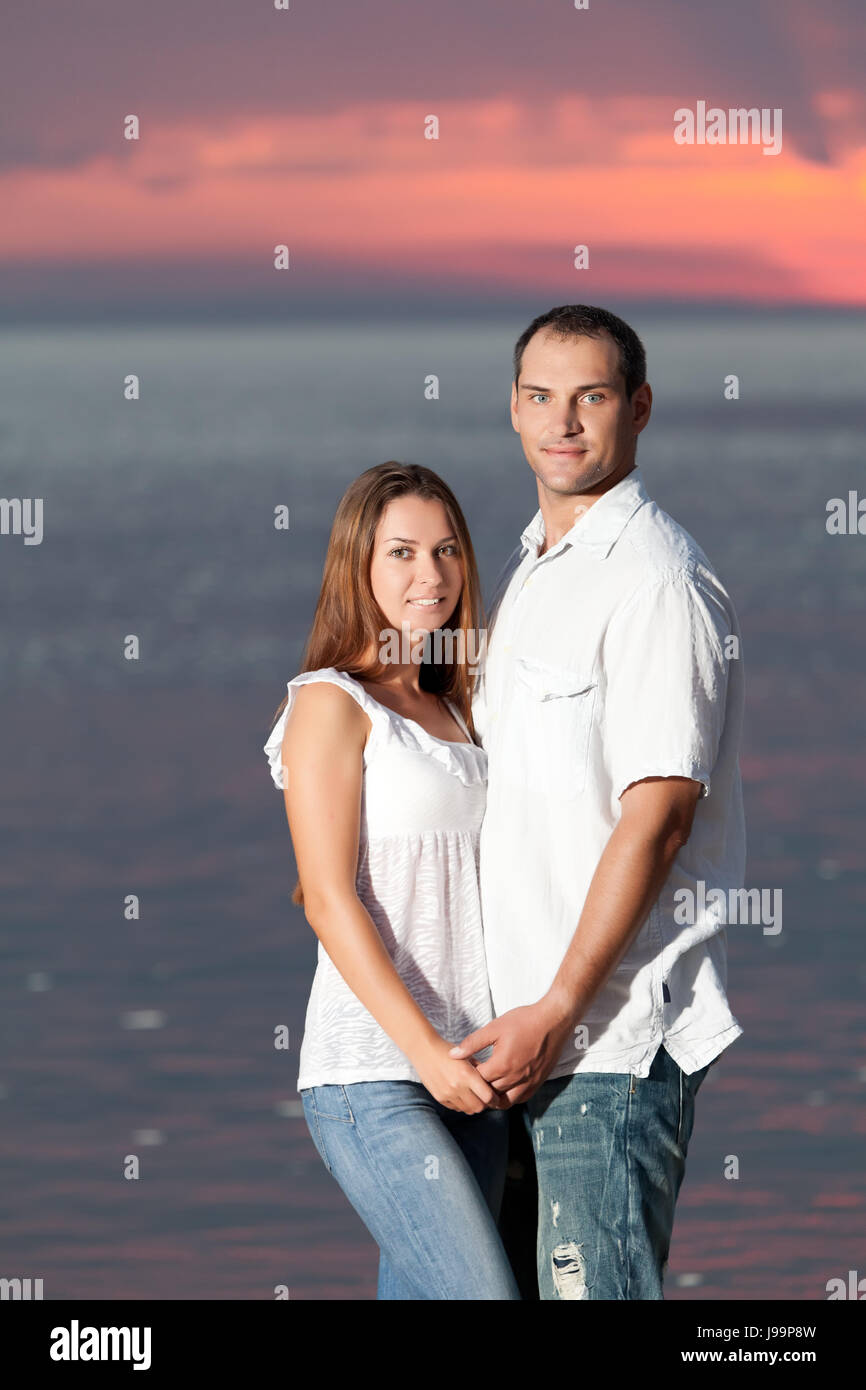 sunset, beach, seaside, the beach, seashore, sunrise, twilight, couple ...