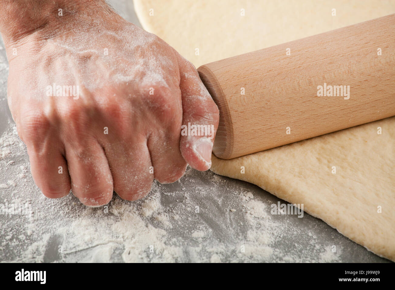 Chef kneading dough, Making dough by male hands at bakery Stock Photo ...