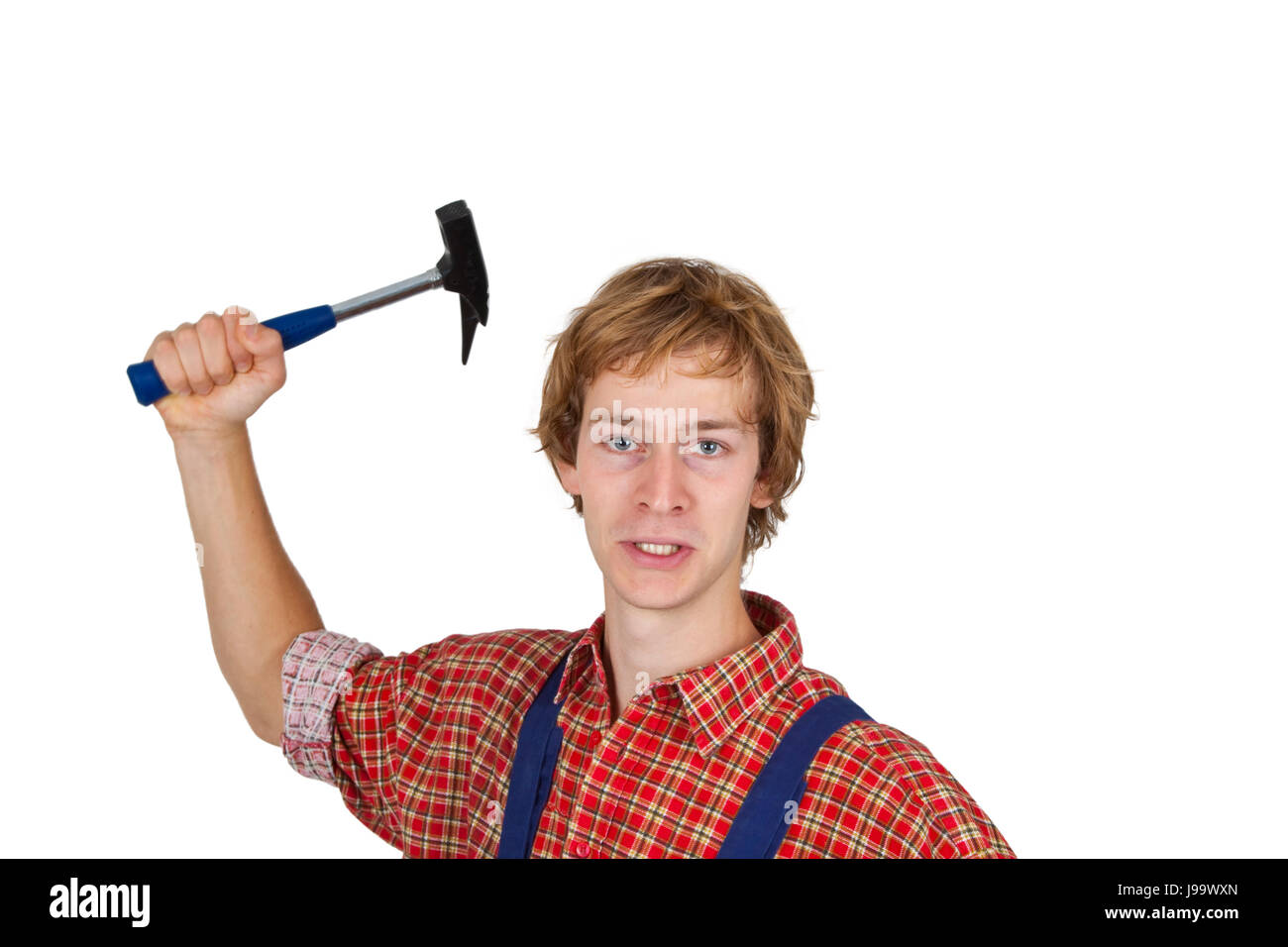 Young handcrafter with hammer isolated on white background Stock Photo ...