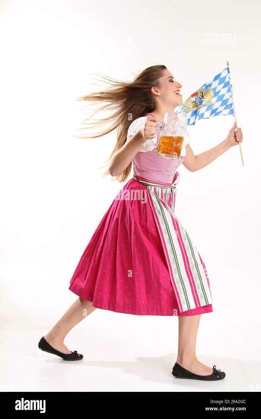 woman, flag, beer, Octoberfest, bavarian, dirndl, woman, laugh, laughs ...