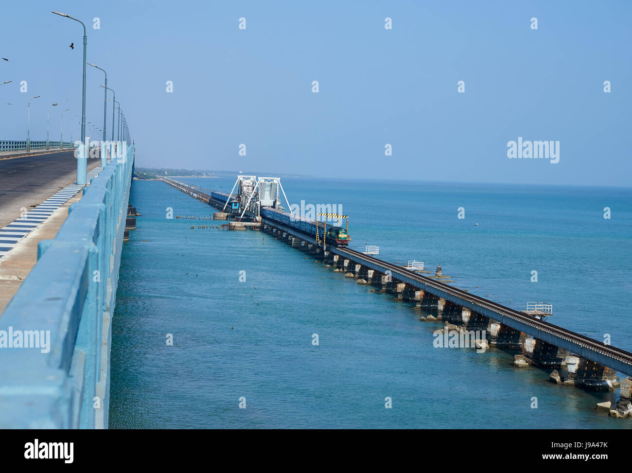 Train moving on Pamban bridge in Rameshwaram, Tamil Nadu, India Stock ...