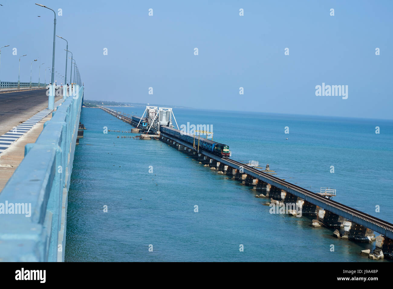 Train moving on Pamban bridge in Rameshwaram, Tamil Nadu, India Stock ...