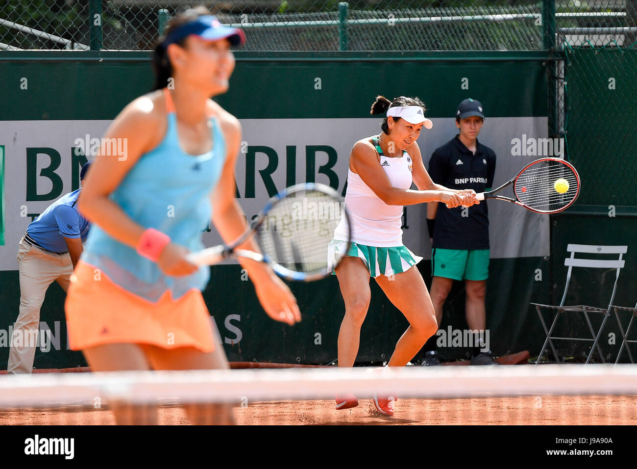 Paris, France. 31st May, 2017. Peng Shuai (R) and Duan Yingying of ...