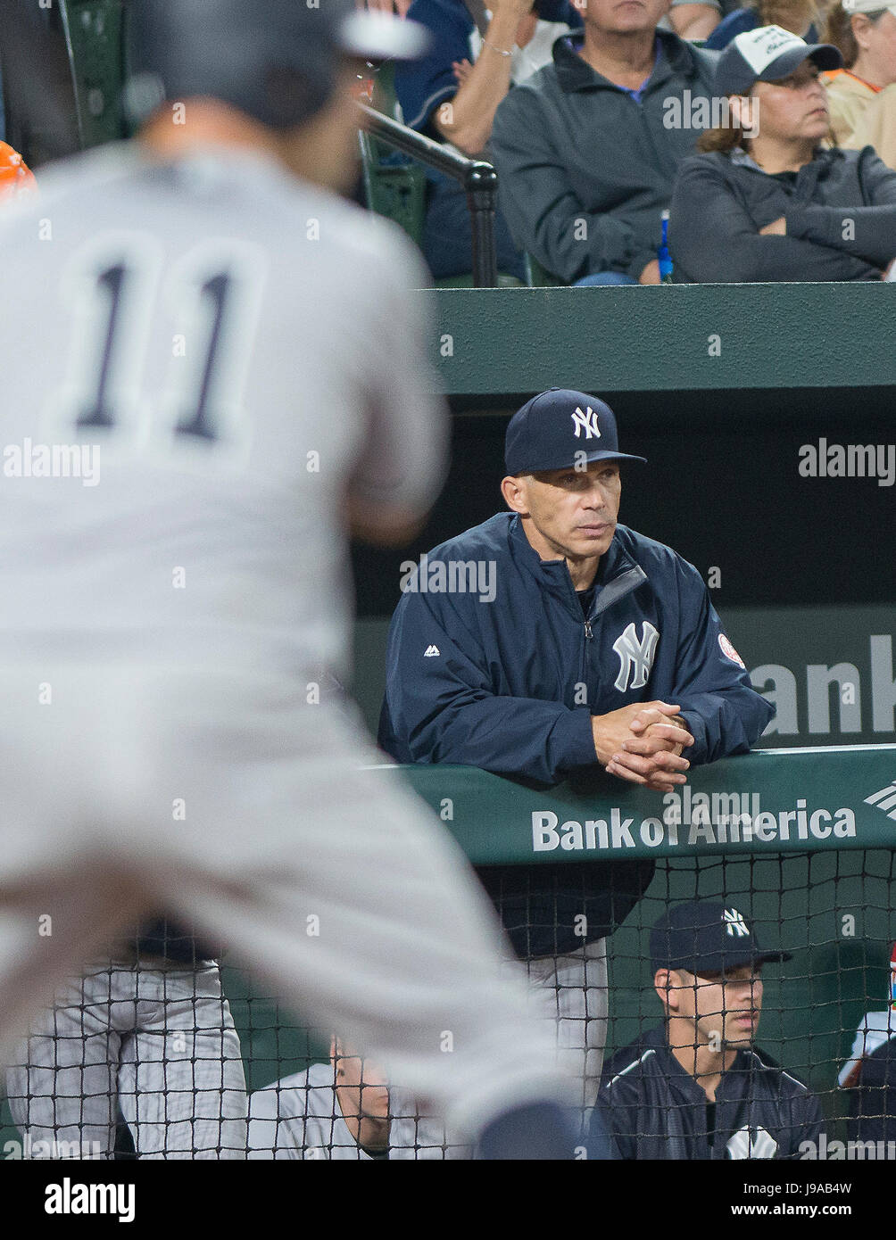 New York Yankees manager Joe Girardi (28) looks on as left fielder ...