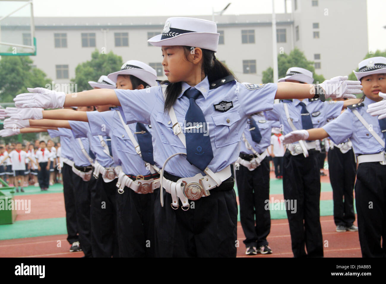 Hangzhou, China. 1st June, 2017. Girls wearing traffic police uniform ...
