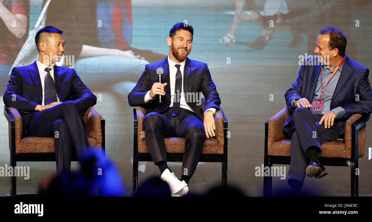 Beijing, China. 1st June, 2017. FC Barcelona's striker Lionel Messi(C ...