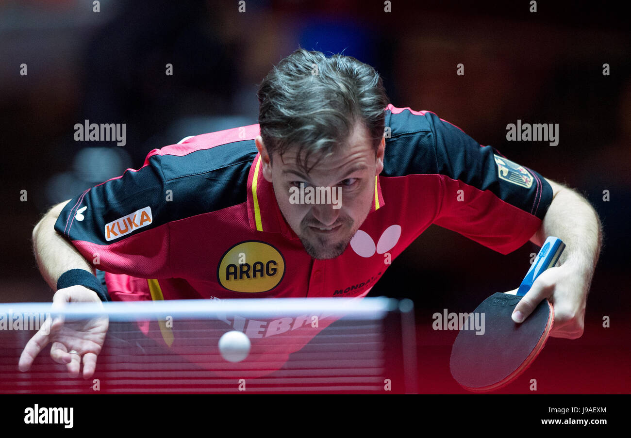 Duesseldorf, Germany. 1st June, 2017. Timo Boll of Germany playing ...