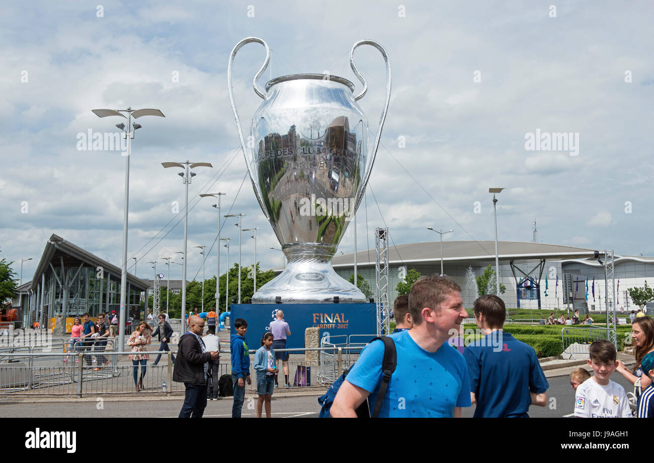 Cardiff, Wales, UK. 1st June, 2017. Large Replica of the UEFA Cup in ...