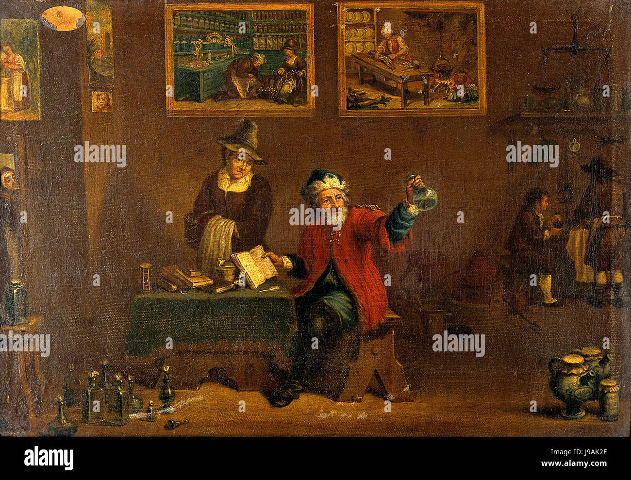 A man examining a urine flask. Oil painting by a follower of Wellcome ...