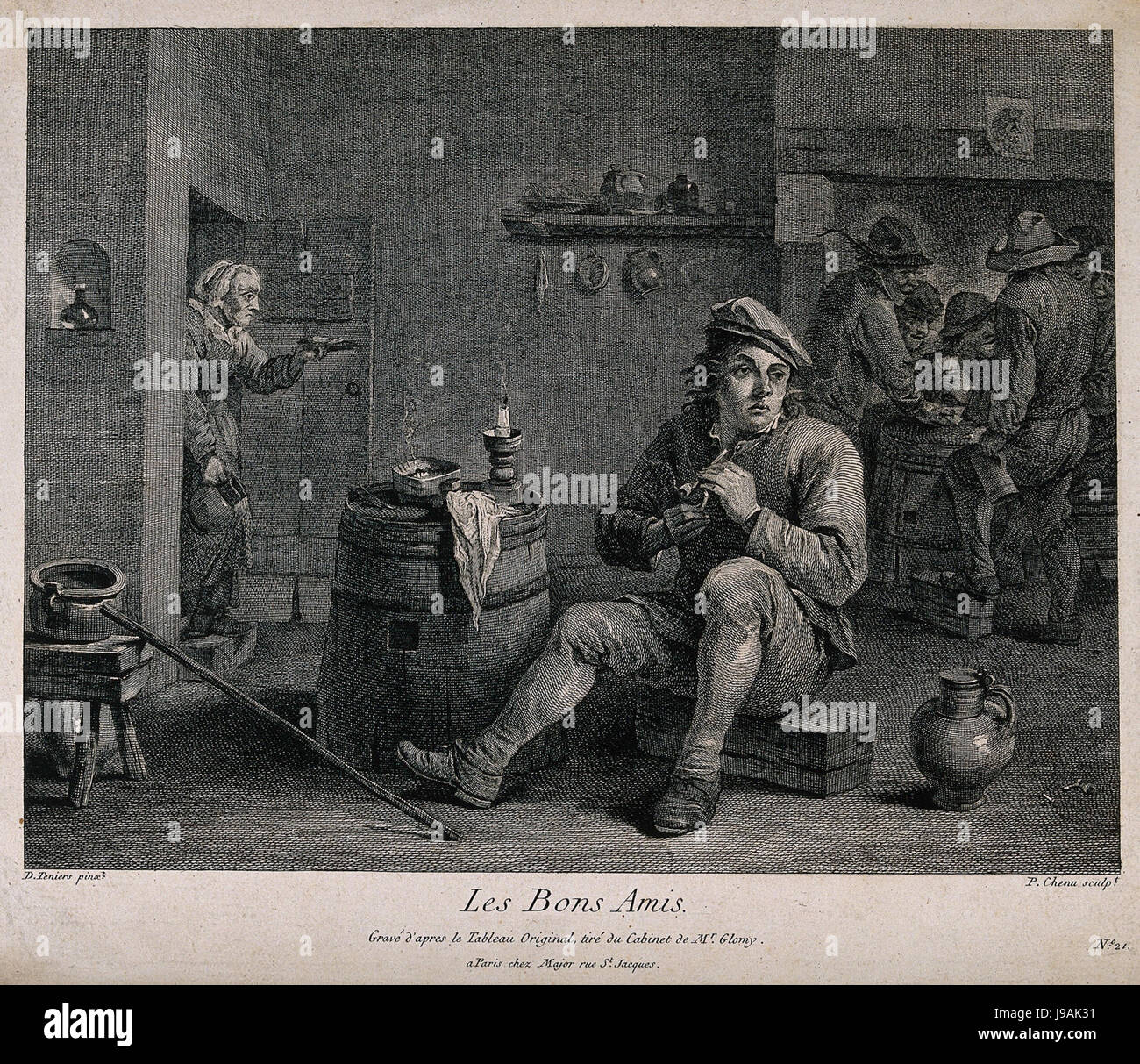 A man sits by a barrel table smoking his pipe, behind others Wellcome ...