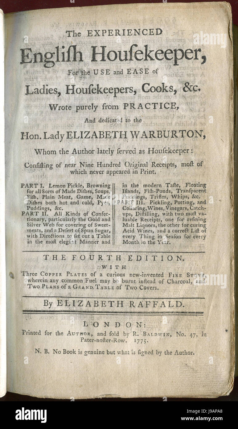 The Experienced English Housekeeper Elizabeth Raffald Title Page 1775 ...