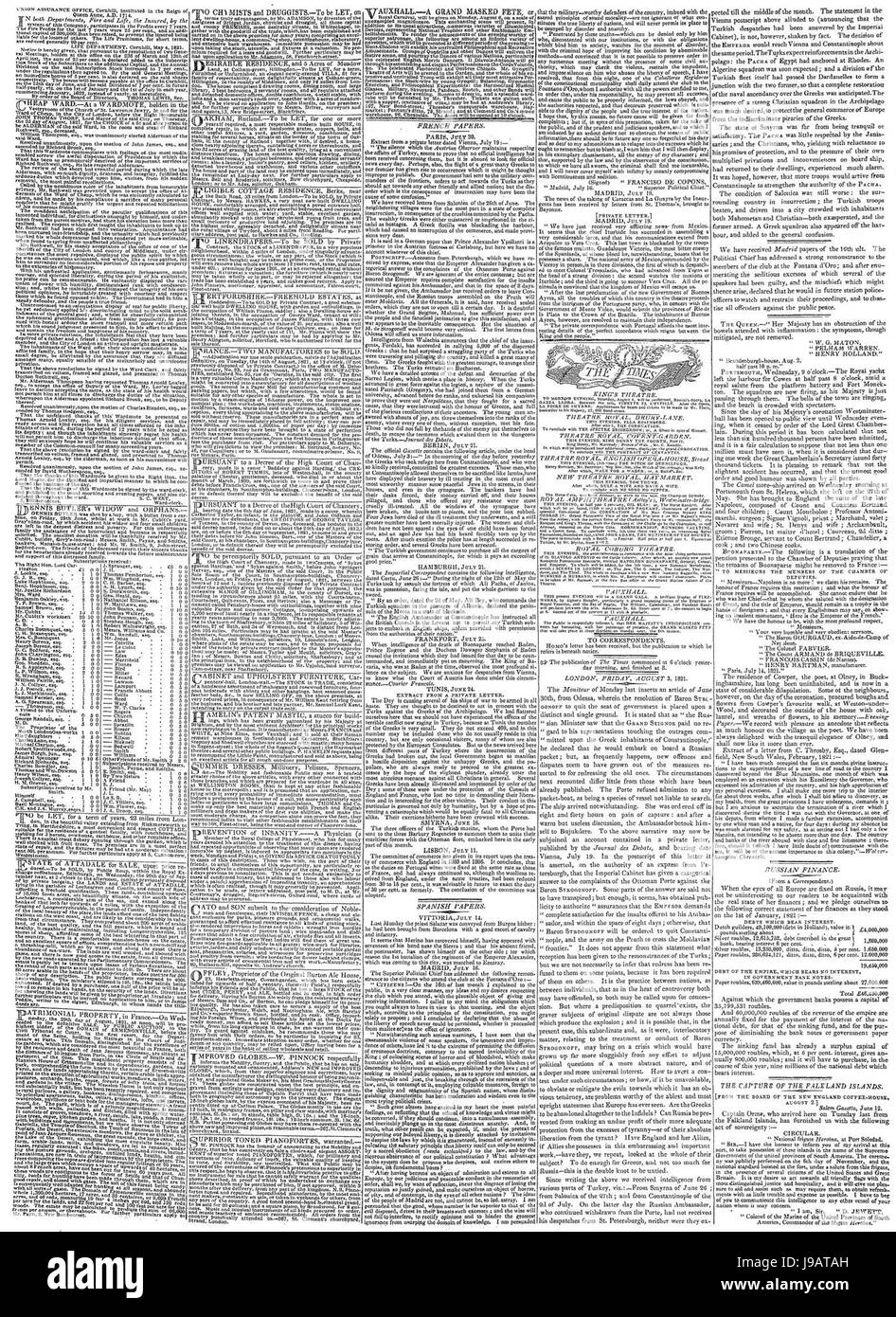 Times 3 august 1821 Falklands Stock Photo - Alamy