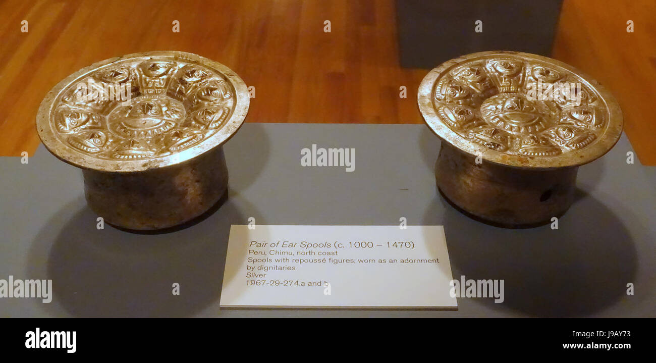 Pair of ear spools, Peru, Chimu, north coast, silver, view 1 Krannert ...