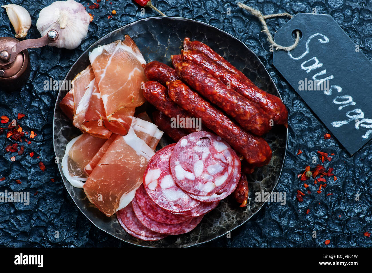 Italian ham, smoked sausages and salami, stock photo Stock Photo - Alamy
