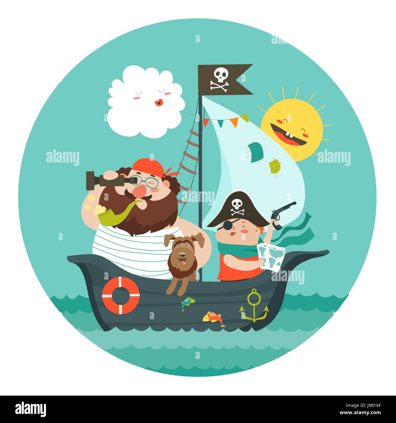 Happy dad and son sailing at their pirate ship Stock Vector Image & Art ...