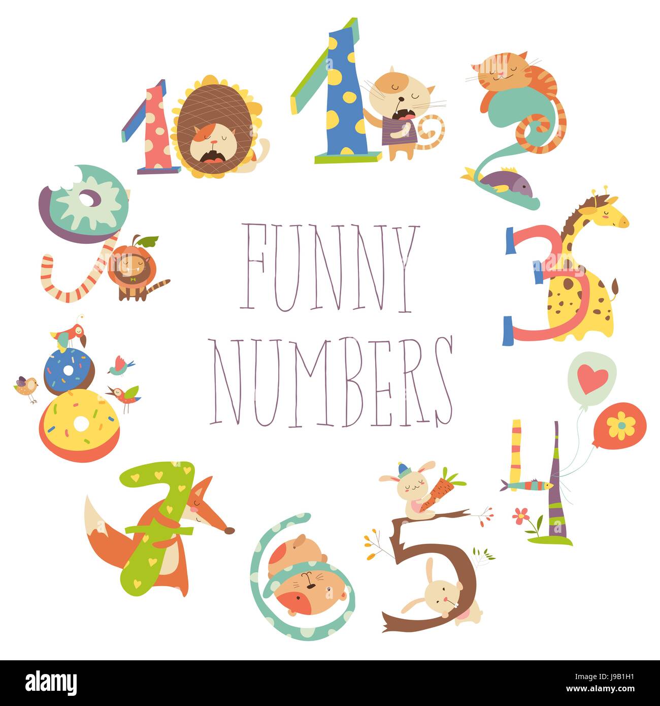 Set of Birthday Anniversary Numbers with Funny Animals Stock Vector ...