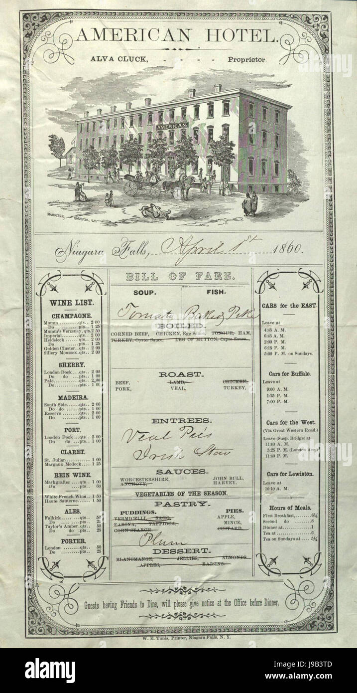 Old Food Menu American Hotel 1860 Stock Photo - Alamy