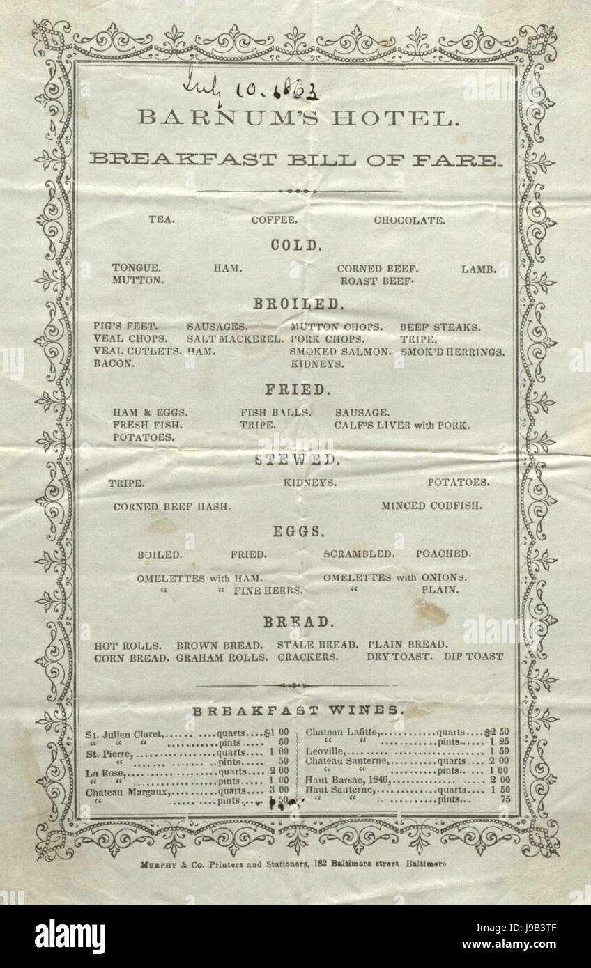Old Food Menu Barnums Hotel 1863 Stock Photo - Alamy