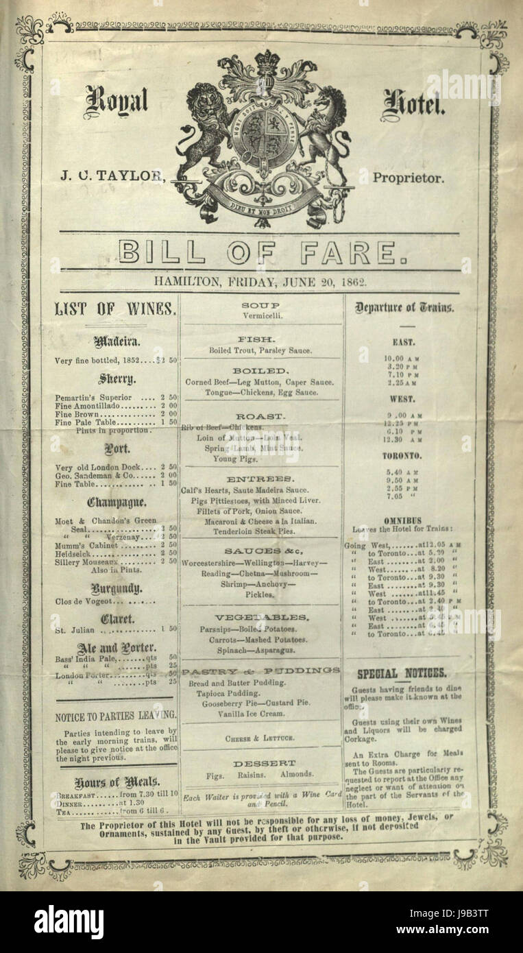 Old Food Menu Royal Hotel 1862 Stock Photo - Alamy