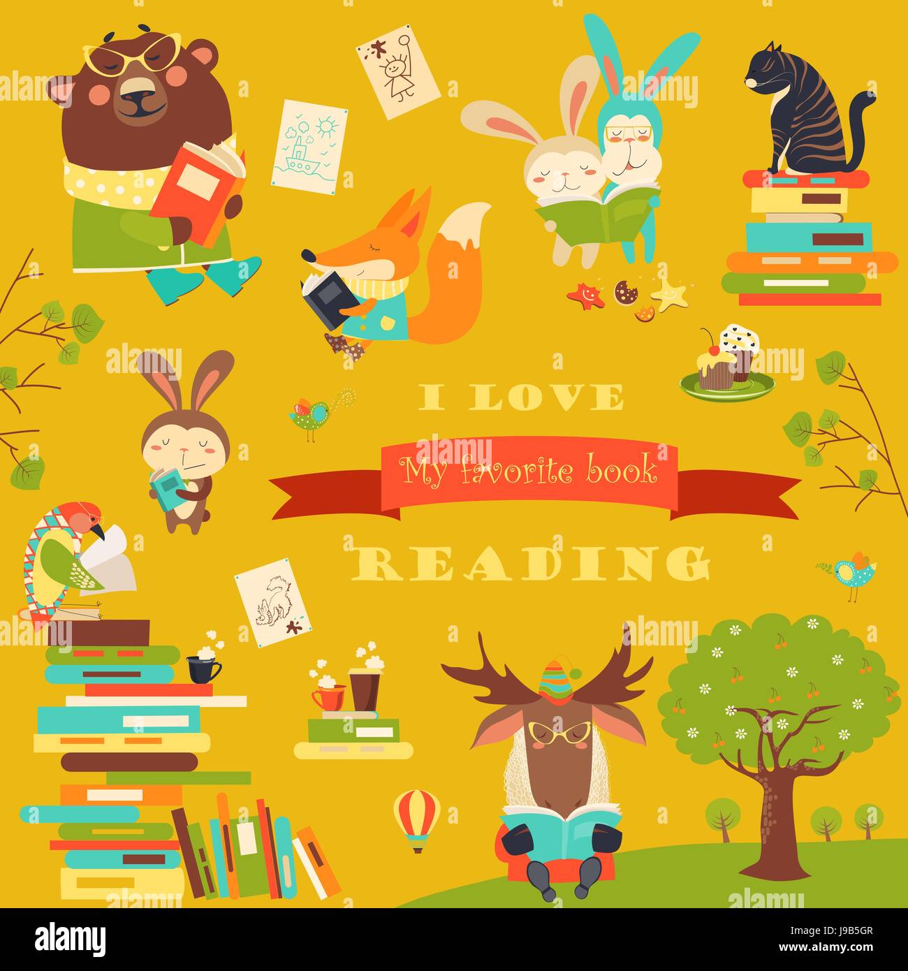 Set of cartoon animals reading books Stock Vector Image & Art - Alamy