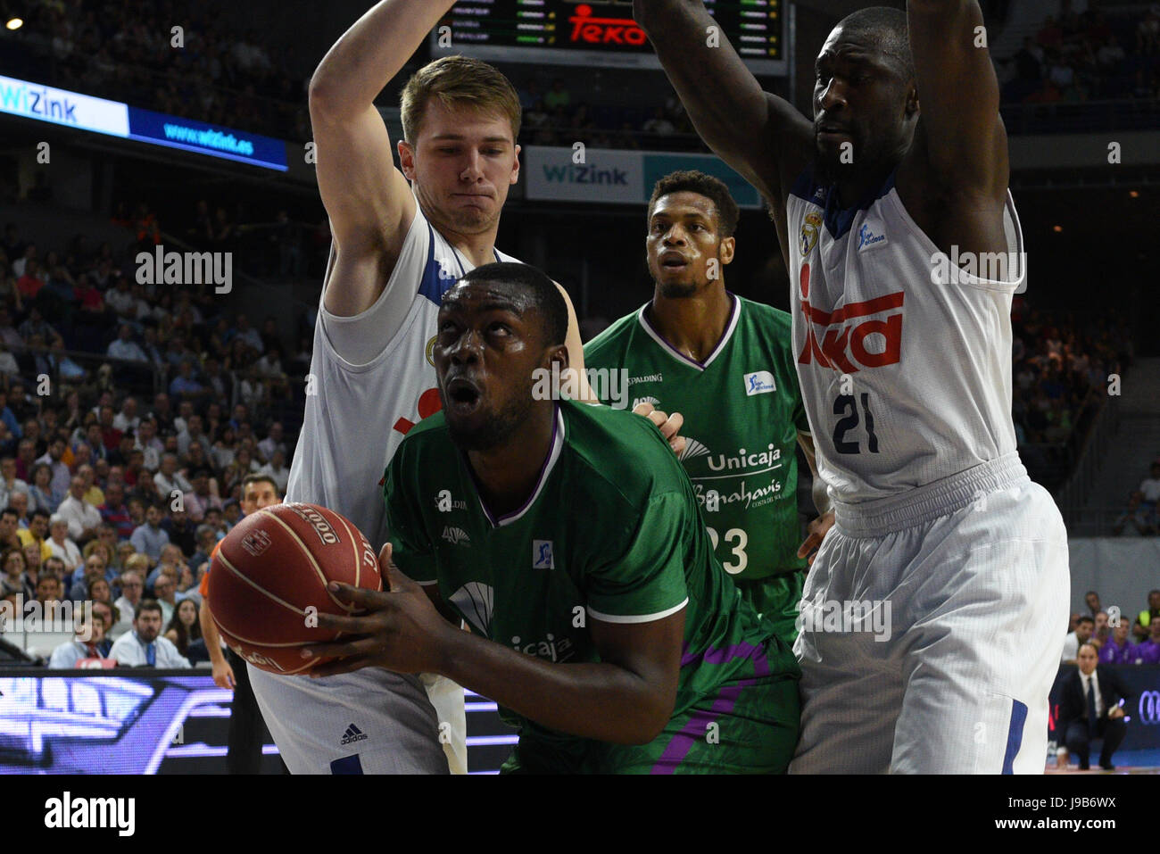 Madrid, Spain. 31st May, 2017. Viny Okou (C), #2 of Unicaja de Málaga ...