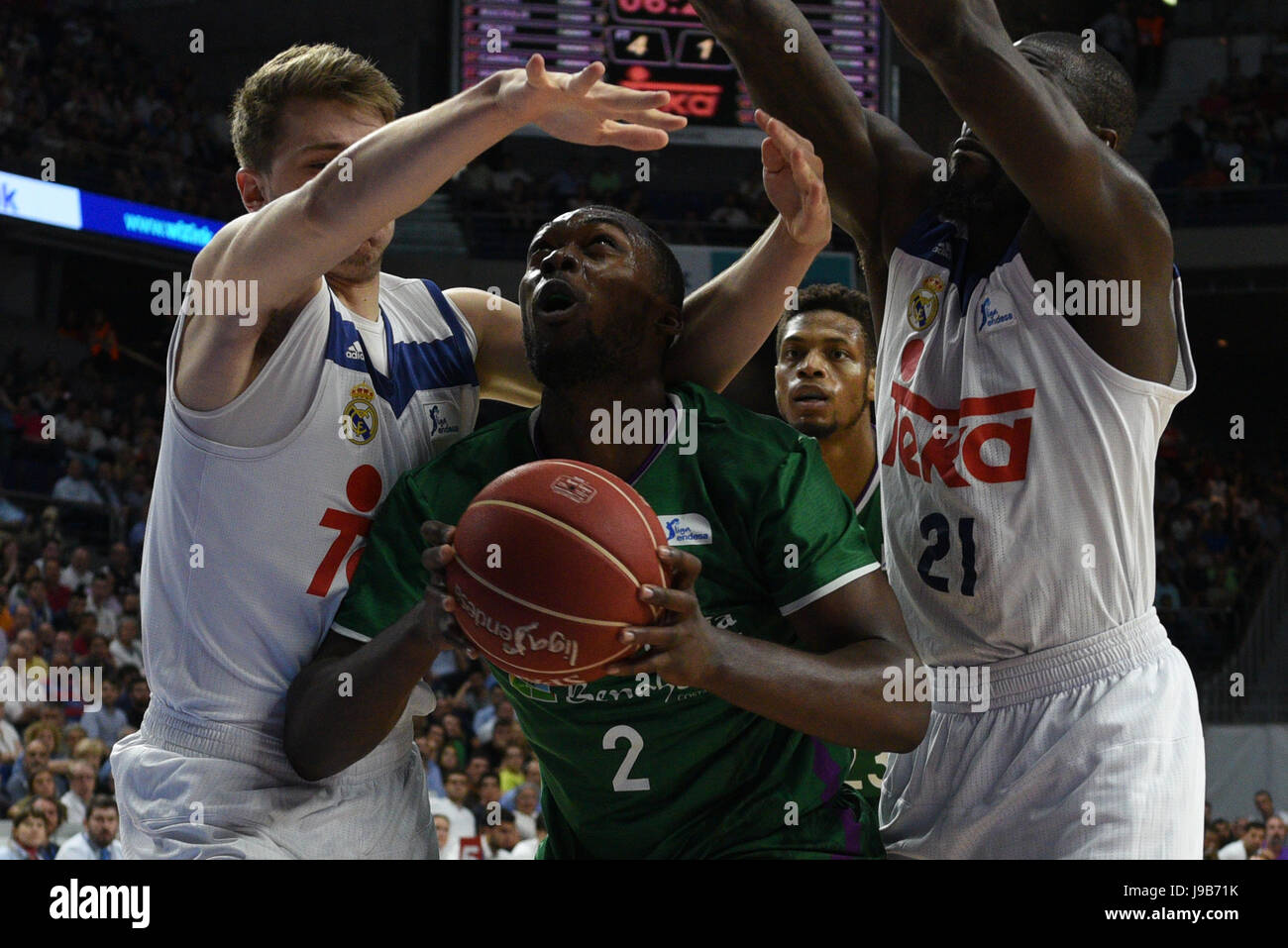 Madrid, Spain. 31st May, 2017. Viny Okou (C), #2 of Unicaja de Málaga ...