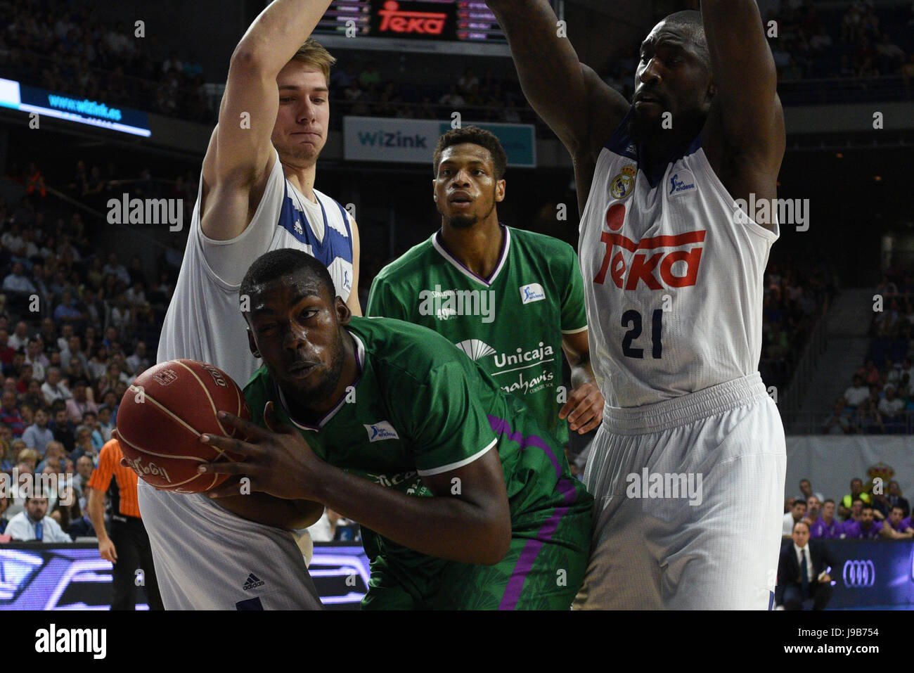 Madrid, Spain. 31st May, 2017. Viny Okou (C), #2 of Unicaja de Málaga ...