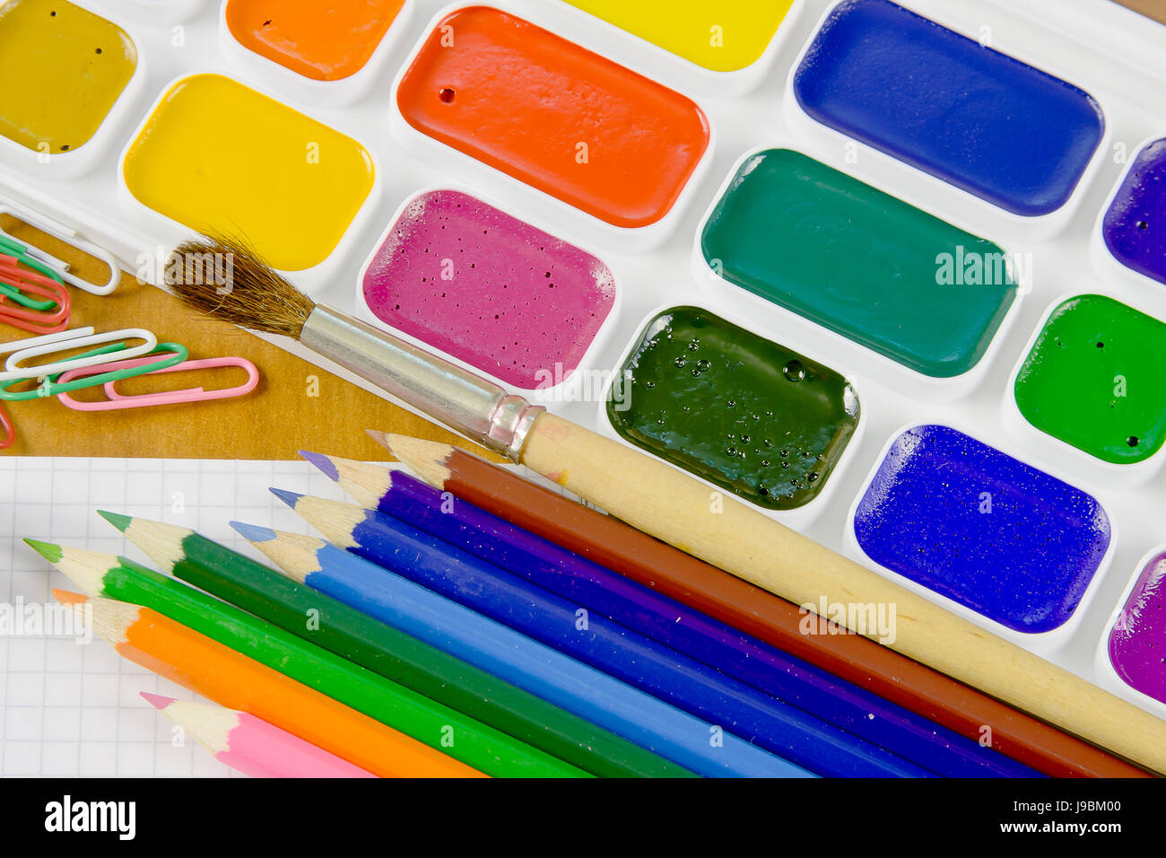 bright school belonging, office commodities Stock Photo - Alamy