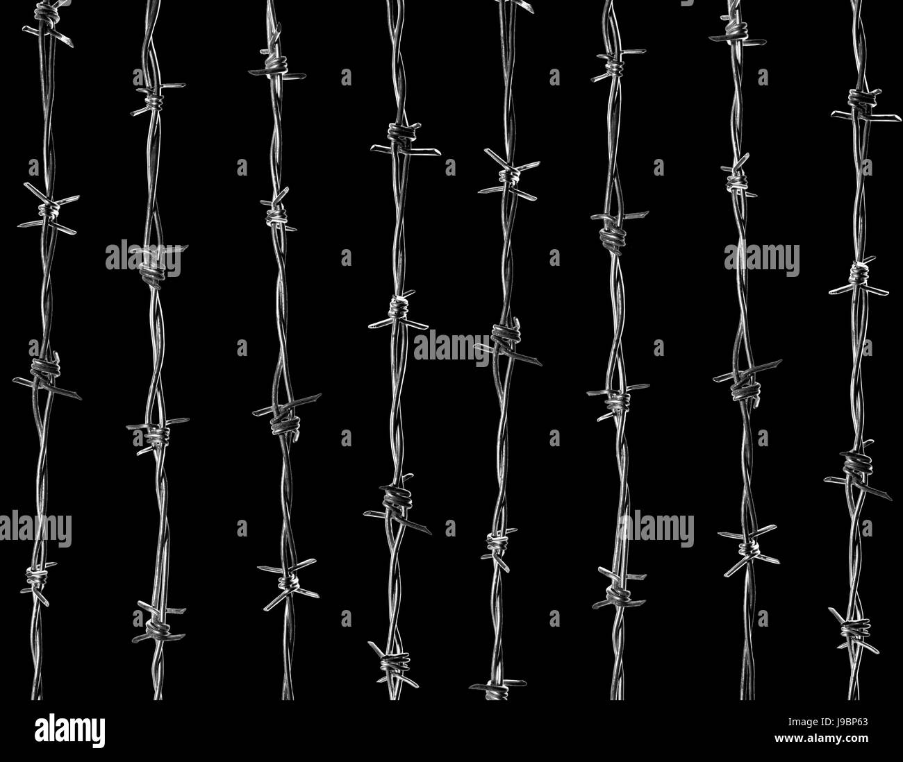 8 vertical lines of new and clean barbed wire isolated against the ...